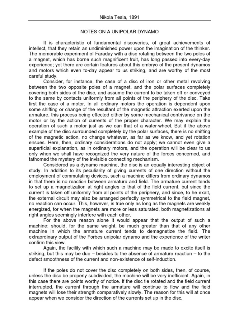 Nikola Tesla Notes On A Unipolar Generator The Electrical Engineer ...