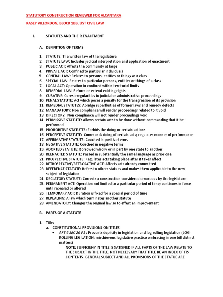 Statutory Construction Reviewer: Key Concepts and Principles of ...