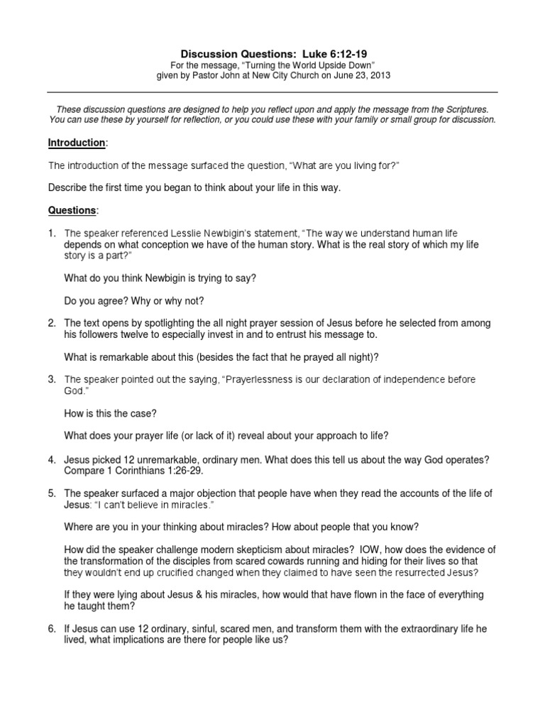 Discussion Questions (Luke 6.12-19) | PDF | Gospel Of Luke | Jesus
