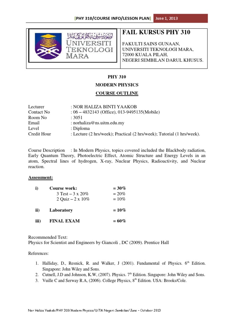 Course Info Lesson Plan PHY 310 Uitm | PDF | Nuclear Physics ...