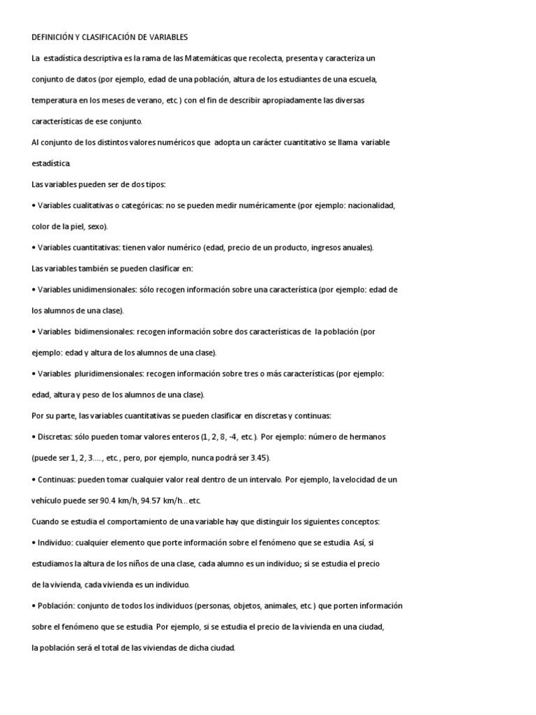 Definición Y Clasificación De Variables Pdf Estadísticas Science
