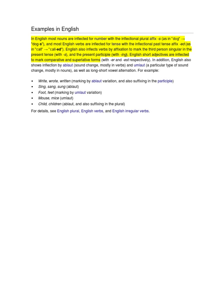 Examples in English: Number Affix Tense | PDF