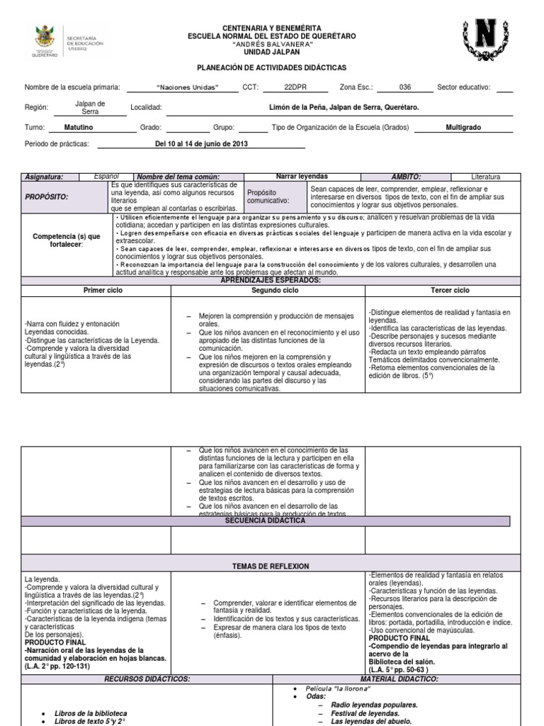 planeacion multigrado | Leyendas | Lectura (proceso)