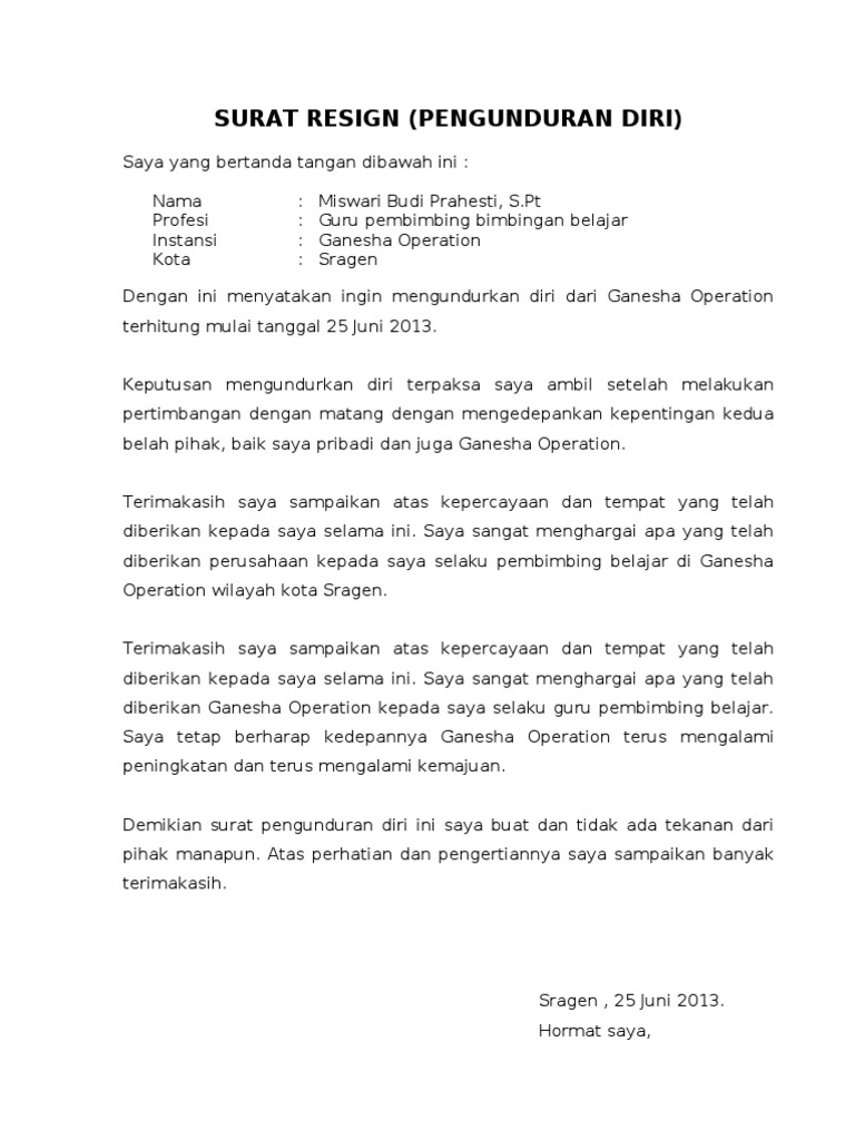 Surat Pengunduran Diri Sebagai Staff Humas | PDF