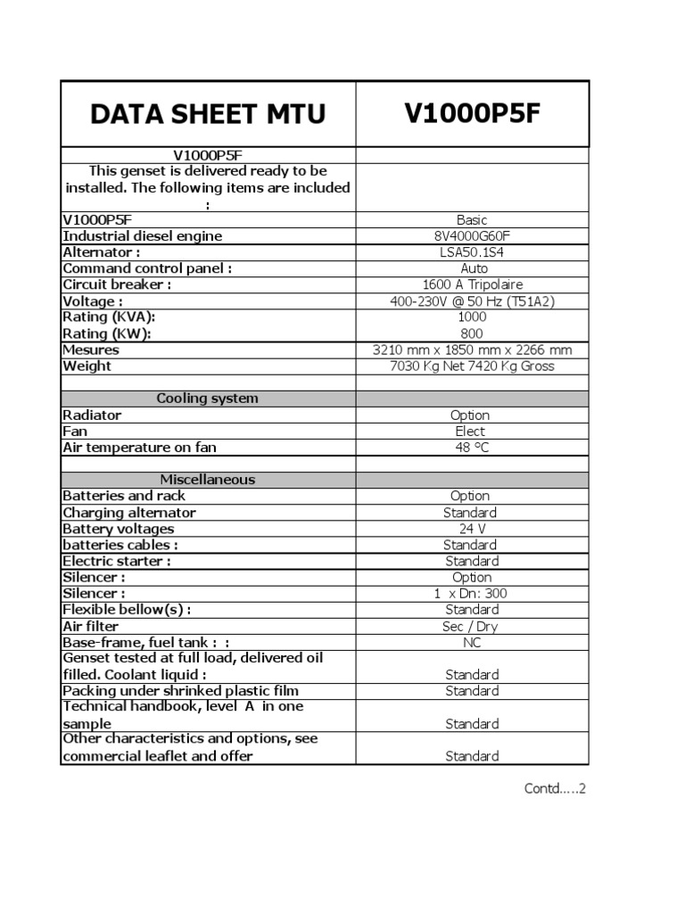 1000 KVA-datasheet | PDF | Engines | Components