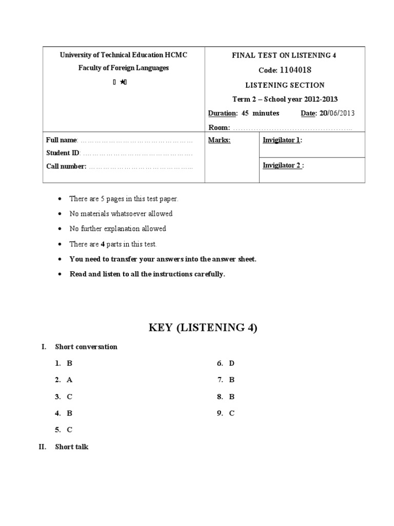 Listening Test 4 - University of HCMC | PDF