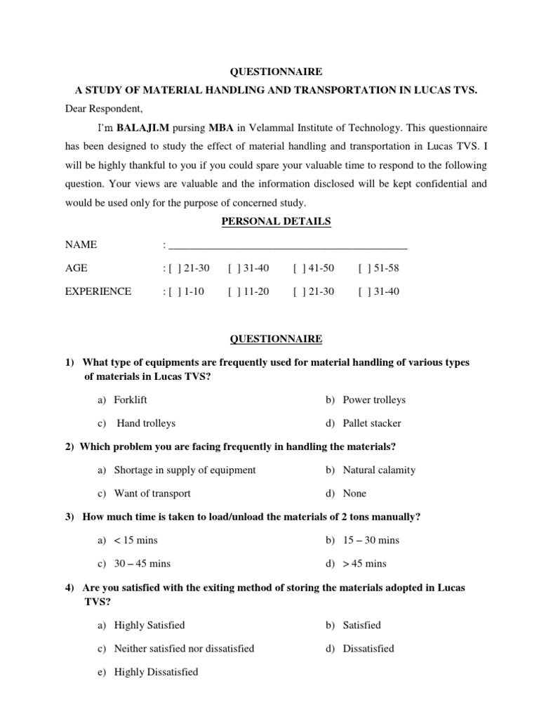 Questionnaire - MATERIAL HANDLING | PDF | Forklift | Supply Chain Management