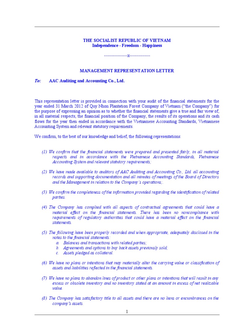 B440 Management Representation Letter | PDF | Financial Statement | Audit