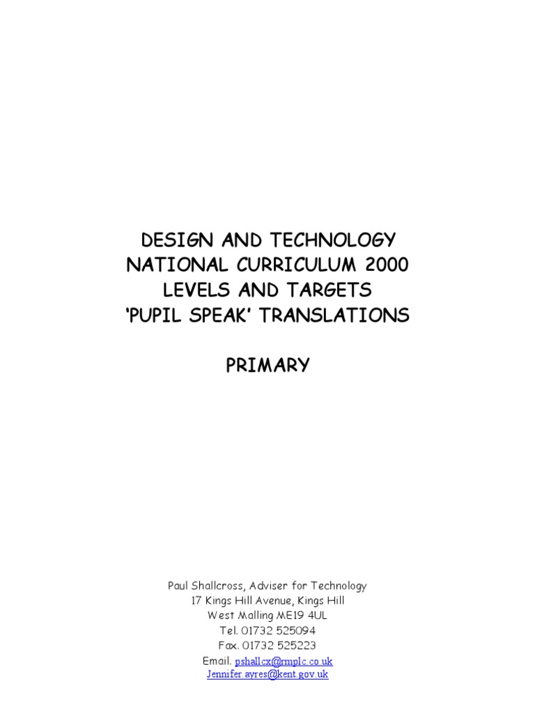 Design and Technology National Curriculum 2000 Levels and Targets Pupil ...