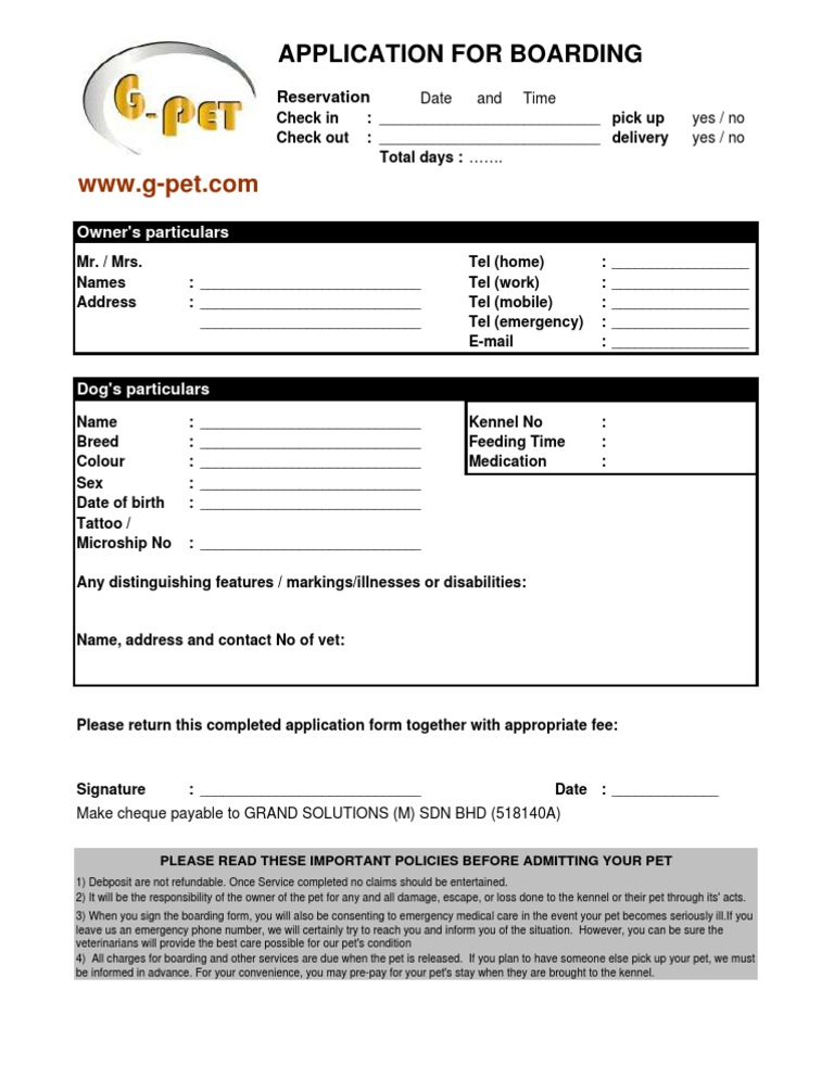 Pet Boarding Application Form | PDF