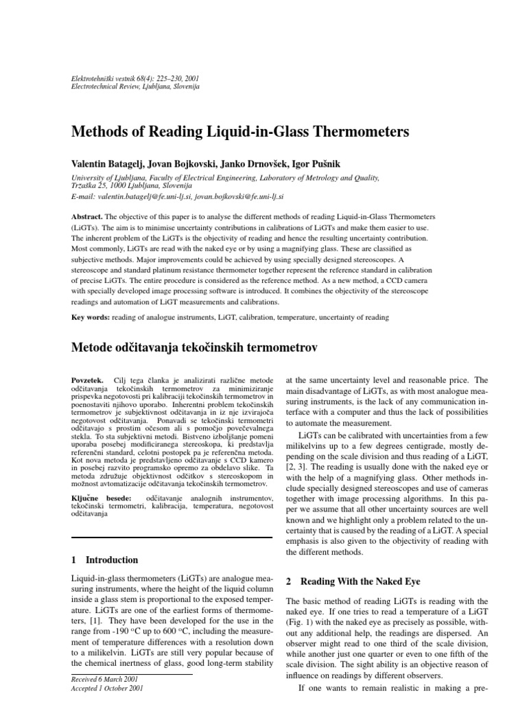 Methods of Reading Liquid-in-Glass Thermometers: Metode Od Citavanja ...