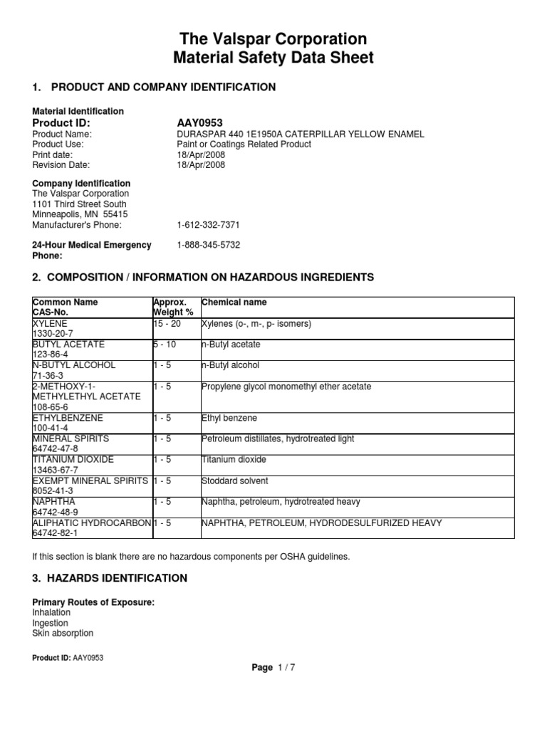 Duraspar 440 Safety Data Sheet | PDF | Dangerous Goods | Personal ...