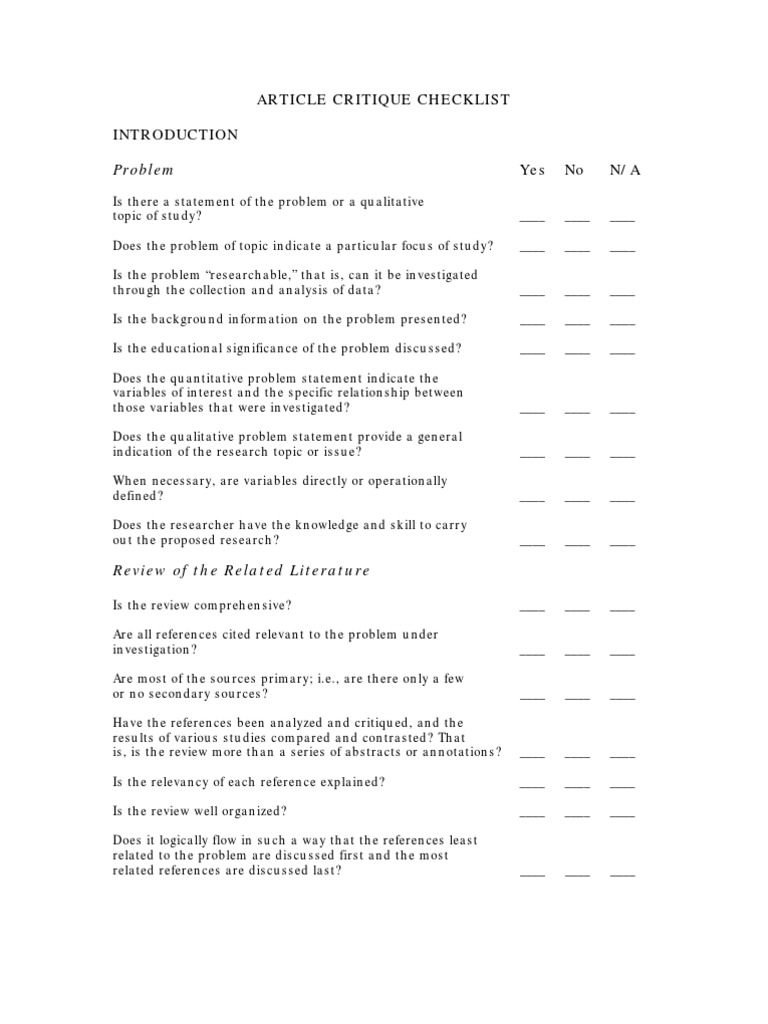 Article Critique Checklist | PDF | Statistical Hypothesis Testing ...