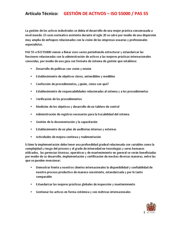 Gestión de Activos ISO 55000/PAS 55 | PDF | Ingeniería de confiabilidad ...