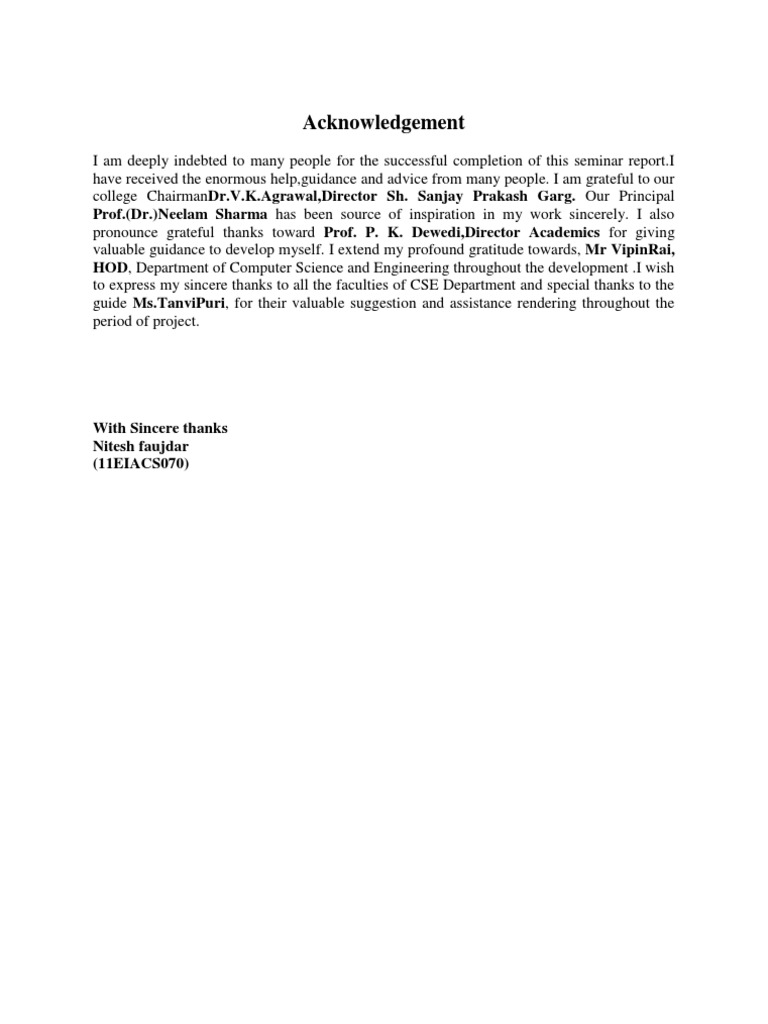 Acknowledgements for Seminar Report | PDF | Career & Growth | Computers