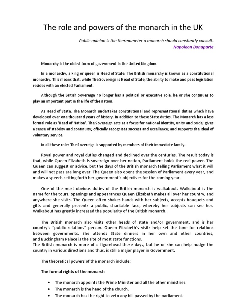 The Role and Powers of The Monarch in The UK | PDF | Monarchy Of The ...