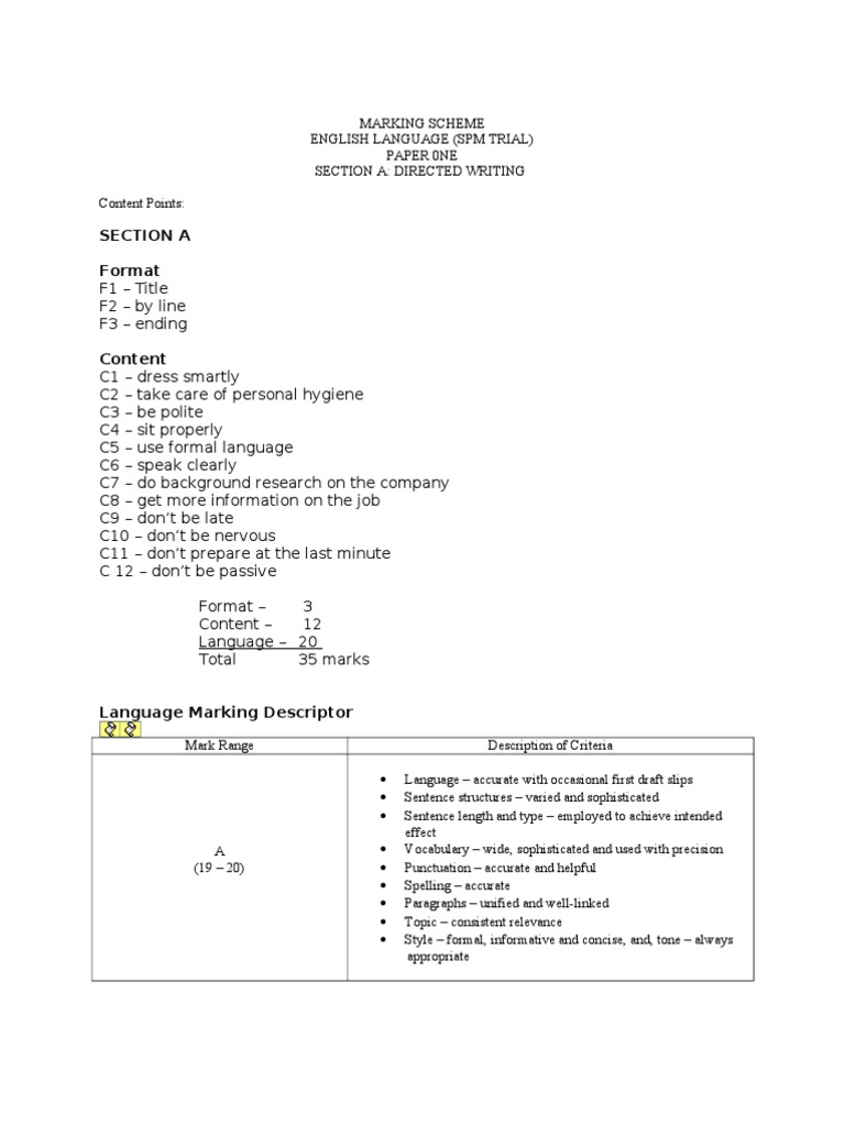 English SPM Trial Paper 1 Marking Scheme | Download Free PDF ...