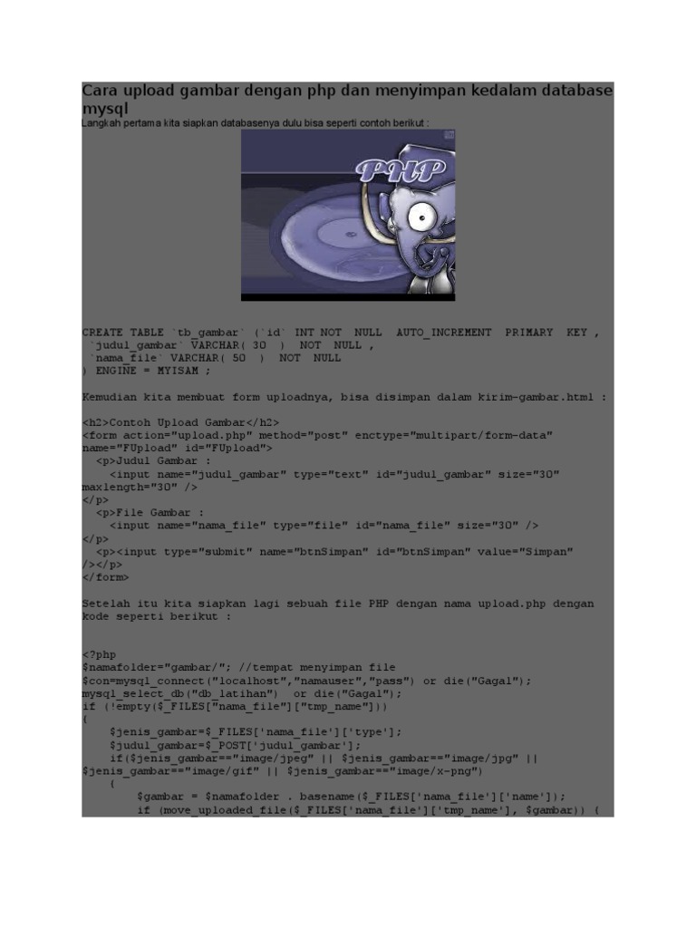 Cara Upload Gambar Dengan PHP Dan Menyimpan Kedalam Database Mysql | PDF