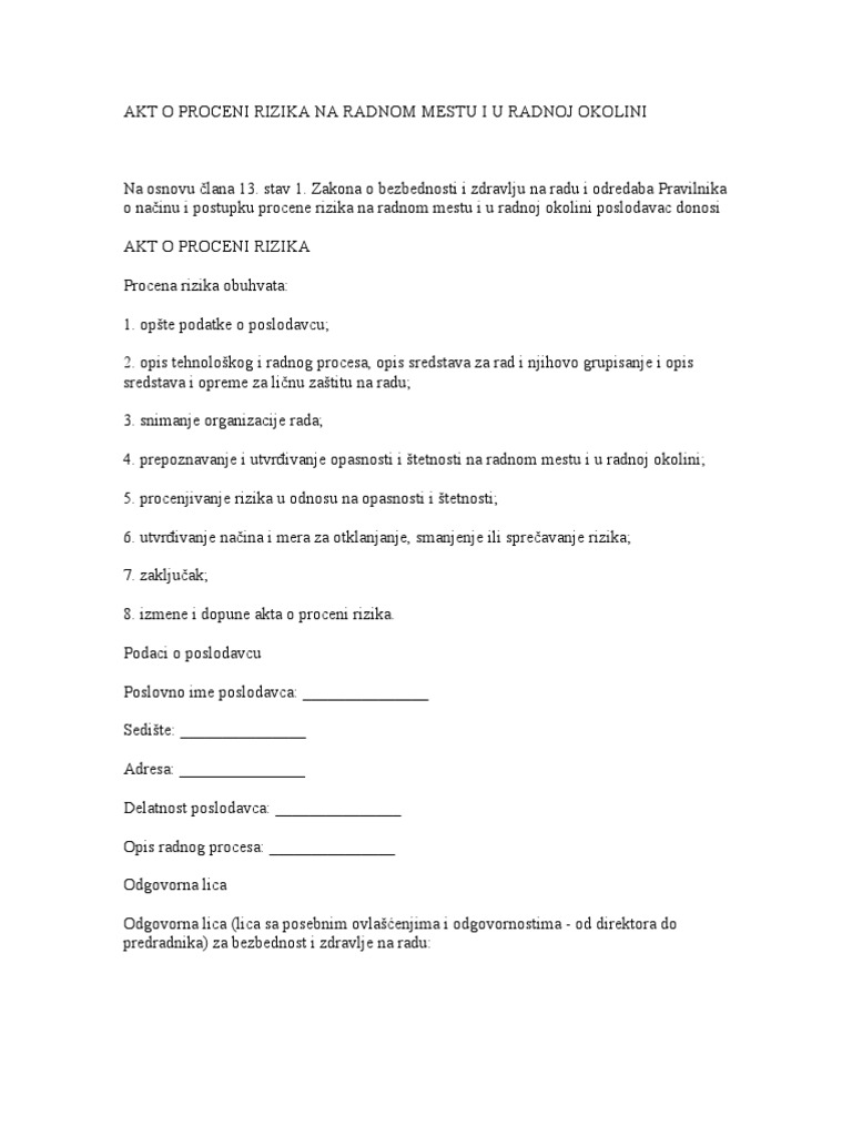 Akt o Proceni Rizika Na Radnom Mestu I U Radnoj Okolin1 | PDF