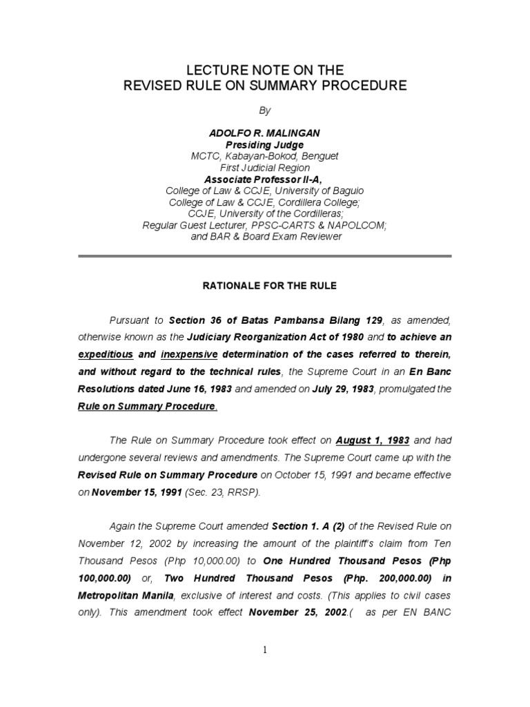 Revised Rule on Summary Procedure Lecture | PDF | Affidavit | Lawsuit