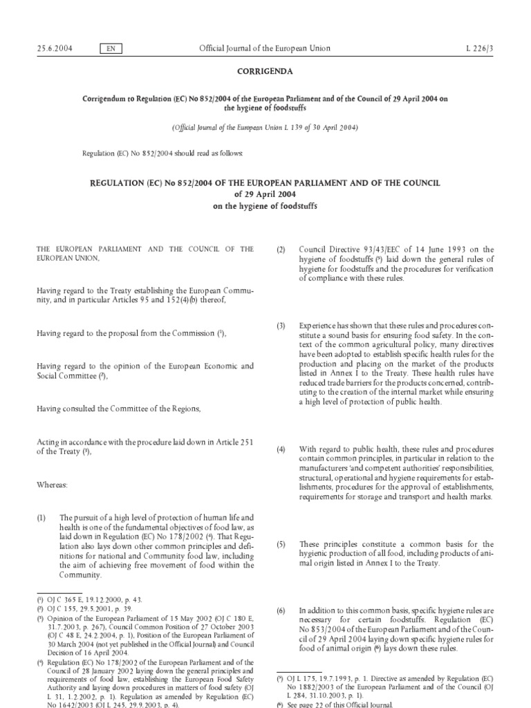 Regulation (EC) 852-2004 On The Hygiene of Foodstuff | PDF | Food ...