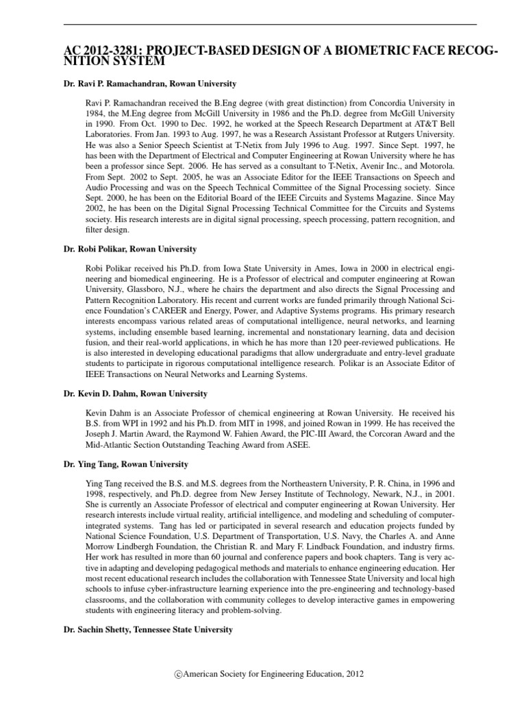 Ac 2012-3281: Project-Based Design of A Biometric Face Recog-Nition ...
