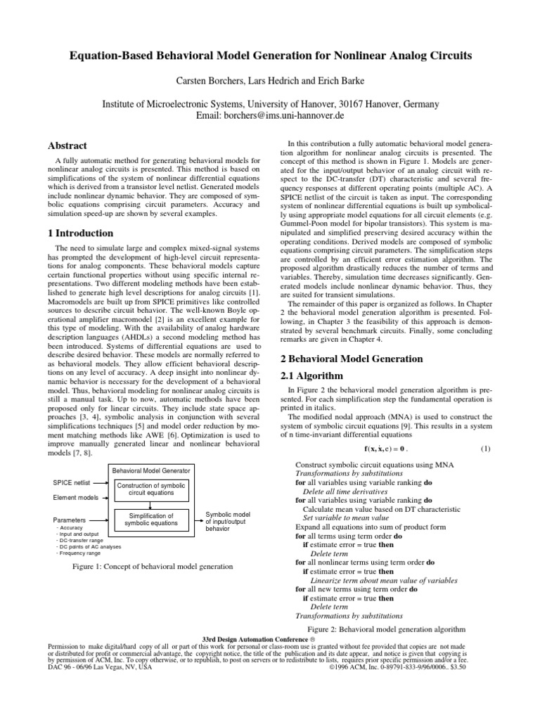 Equation-Based Behavioral Model Generation For Nonlinear Analog ...