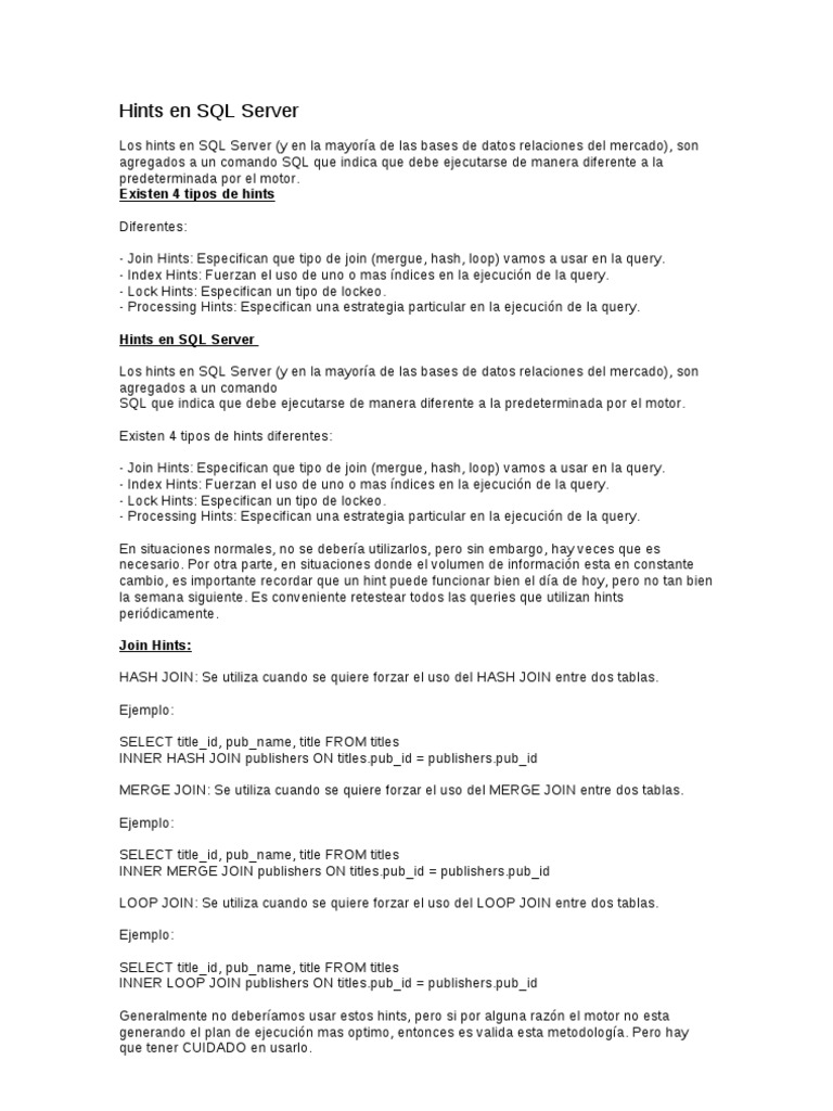 Hints | PDF | SQL | Servidor SQL de Microsoft