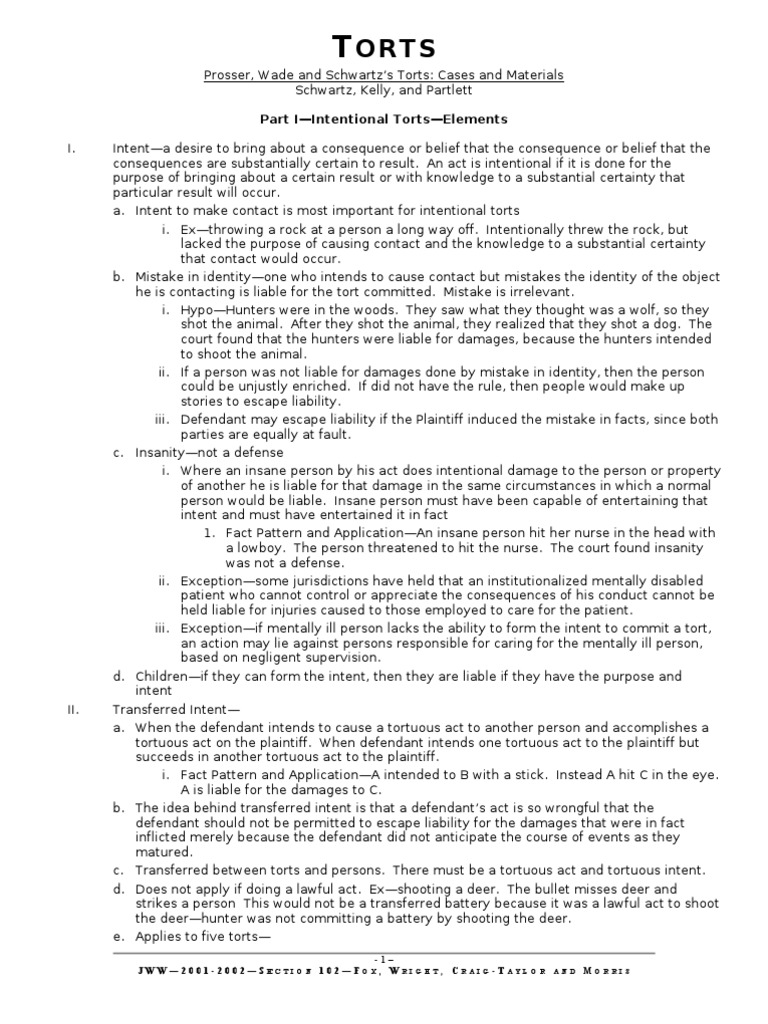 Torts Outline | PDF | Conversion (Law) | Standard Of Care