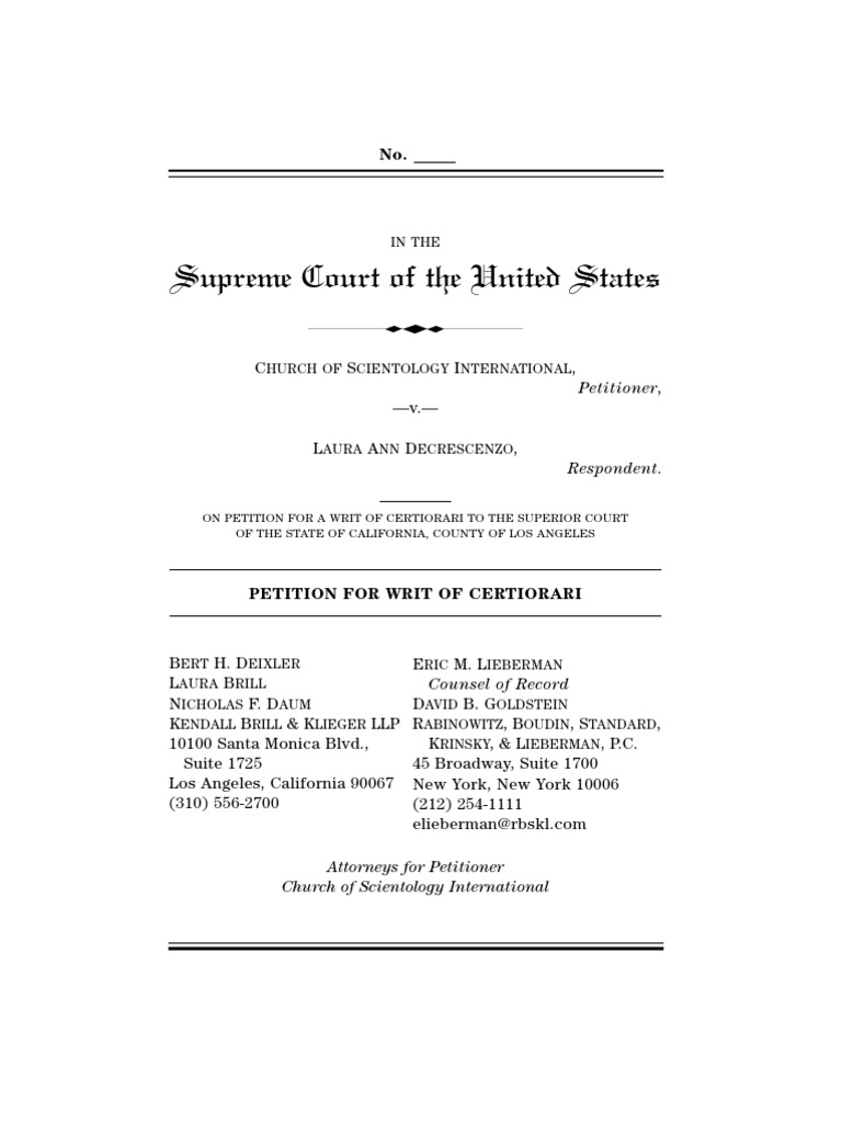 DeCrescenzo: Scientology's Petition For Writ of Certiriori | PDF ...