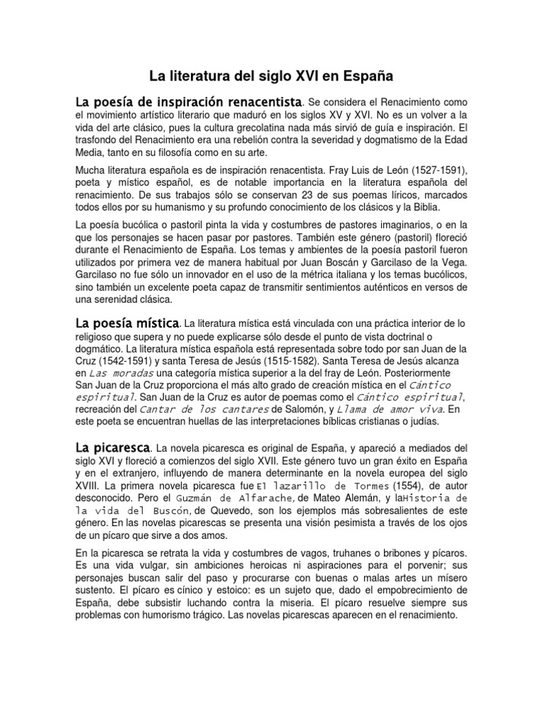 La Literatura Del Siglo XVI en España | PDF | Renacimiento | Juan de la ...