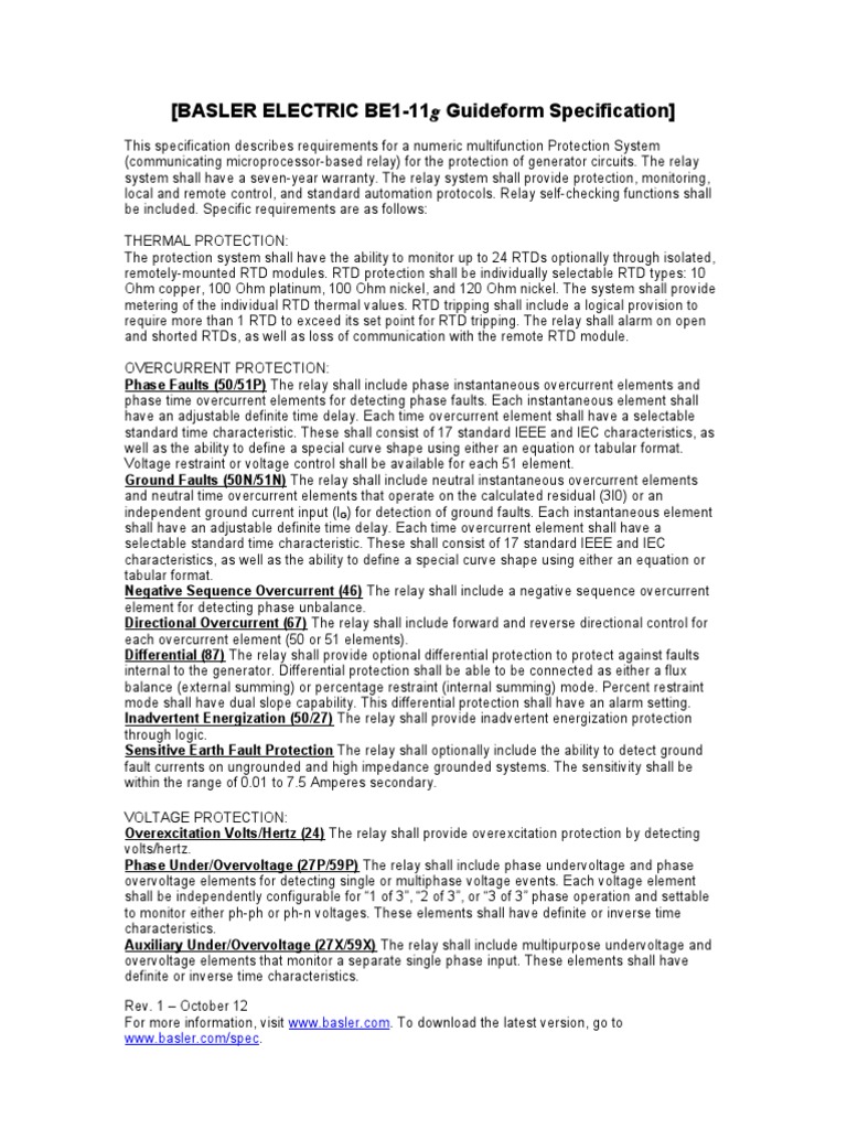 BASLER ELECTRIC BE1-11g Guideform Specification | PDF | Relay | Switch