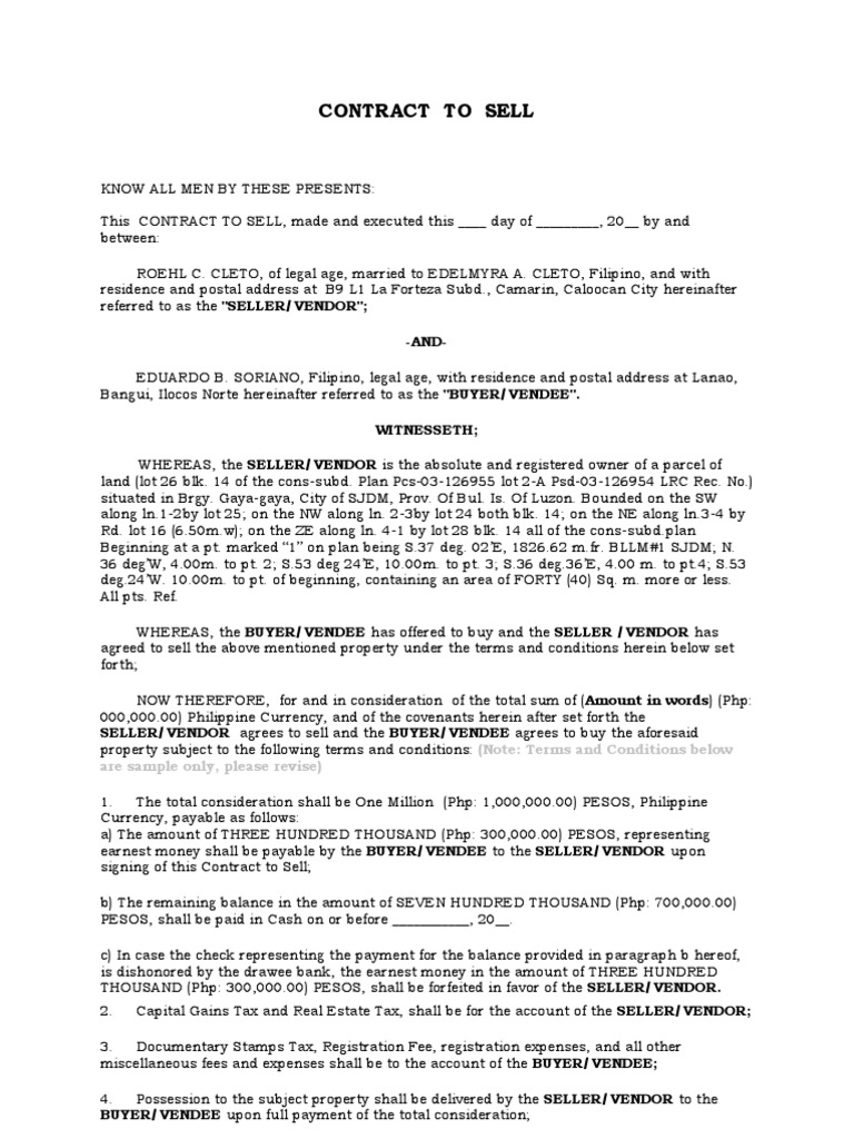 Contract To Sell: (Note: Terms and Conditions Below Are Sample Only ...