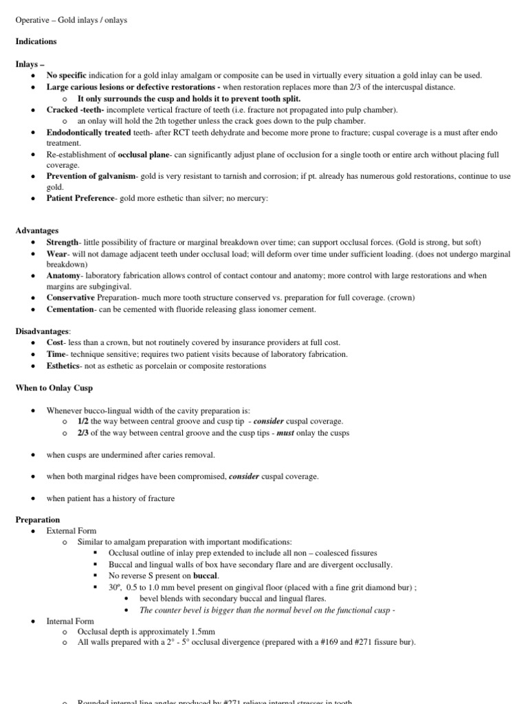 Inlay & Onlay Notes | Download Free PDF | Mouth | Dentistry Branches