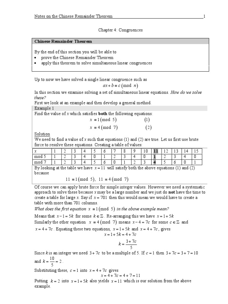 Chinese Remainder Theorem | PDF | Equations | Mathematical Concepts