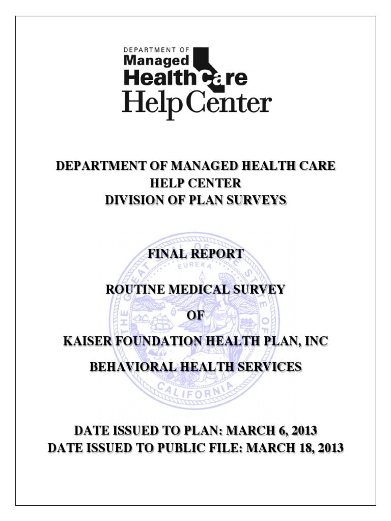 Department of Managed Health Care Help Center Division of Plan Surveys ...