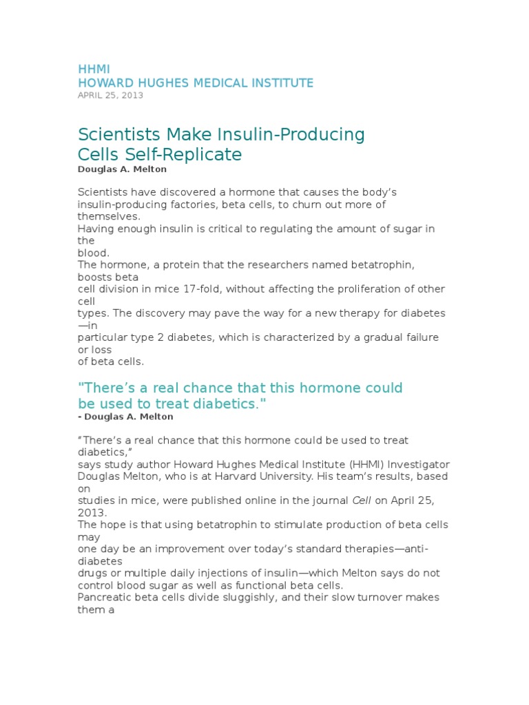 Scientists Make Insulin Producing Cells Self-Replicate | PDF | Insulin ...