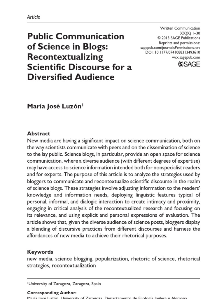 Public Communication of Science in Blogs - Recontextualizing Scientific ...