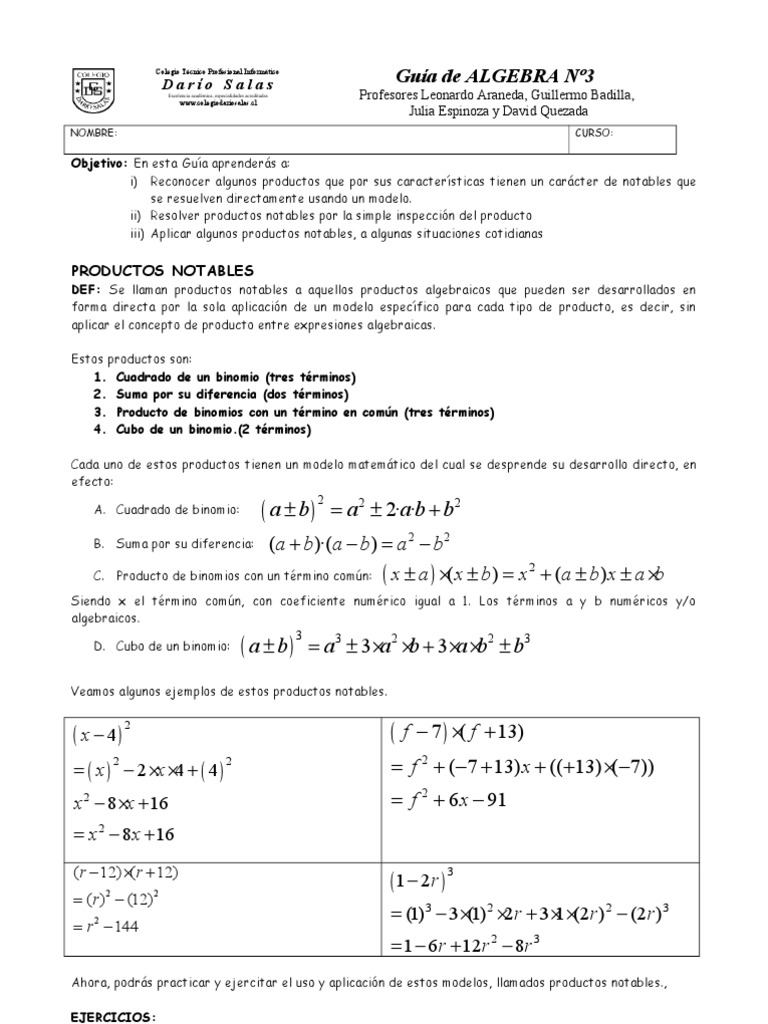 GUIA #3 Algebra - PRODUCTOS NOTABLES | PDF | Teoría del modelo ...