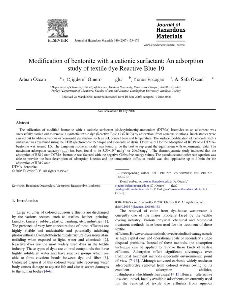 Modification of Bentonite With A Cationic Surfactant: An Adsorption Study of Textile Dye ...