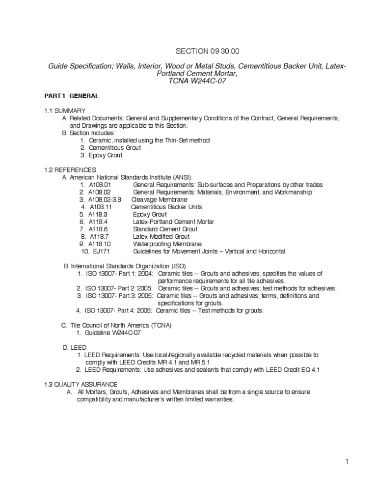 Guide Specification Walls, Interior, Wood or Metal Studs, Cementitious ...