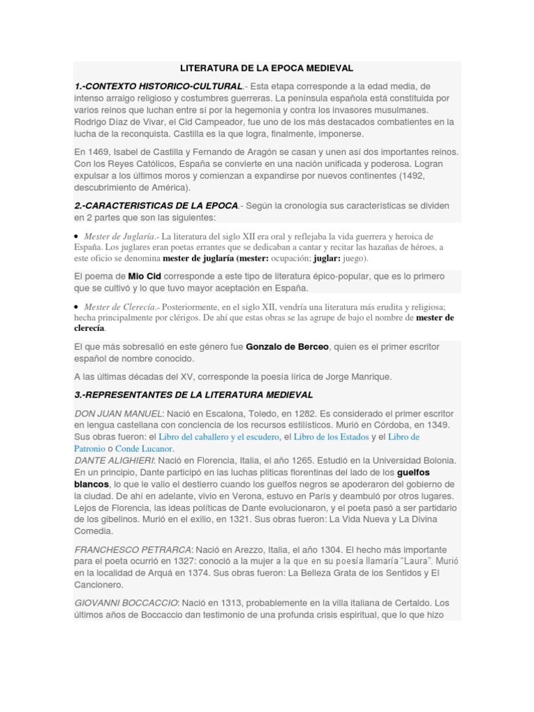Literatura medieval: contexto, géneros y autores | PDF | Dante ...