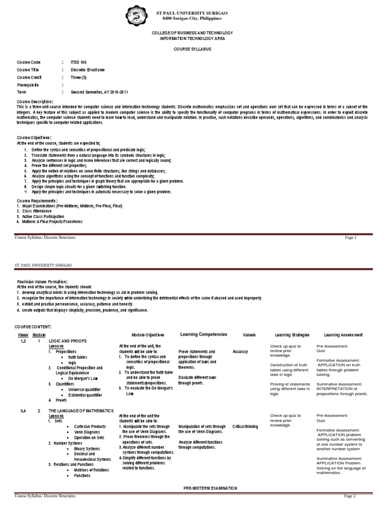 Course Syllabus: Discrete Structures | PDF | Discrete Mathematics | Theorem