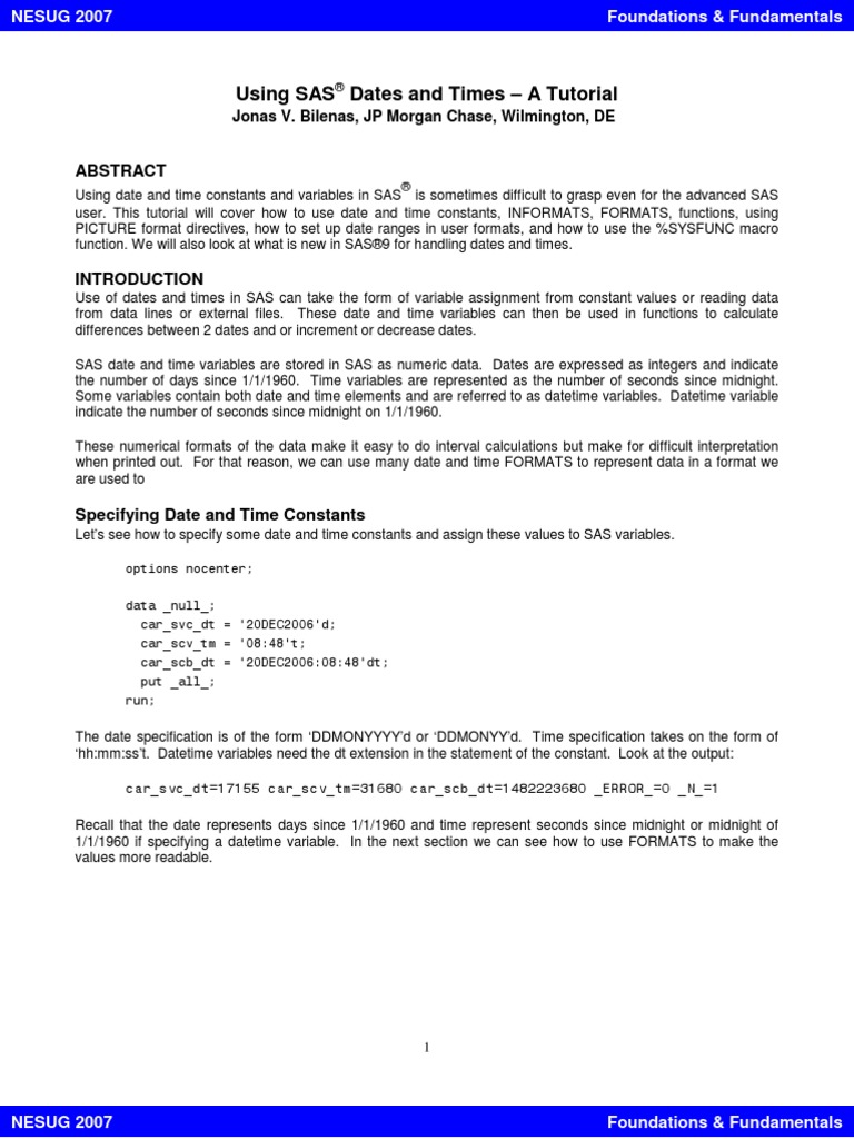 Using SAS® Dates and Times - A Tutorial | PDF | Parameter (Computer ...