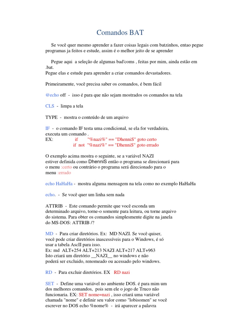 Comandos Bat | Download grátis PDF | Microsoft Windows | Software de ...