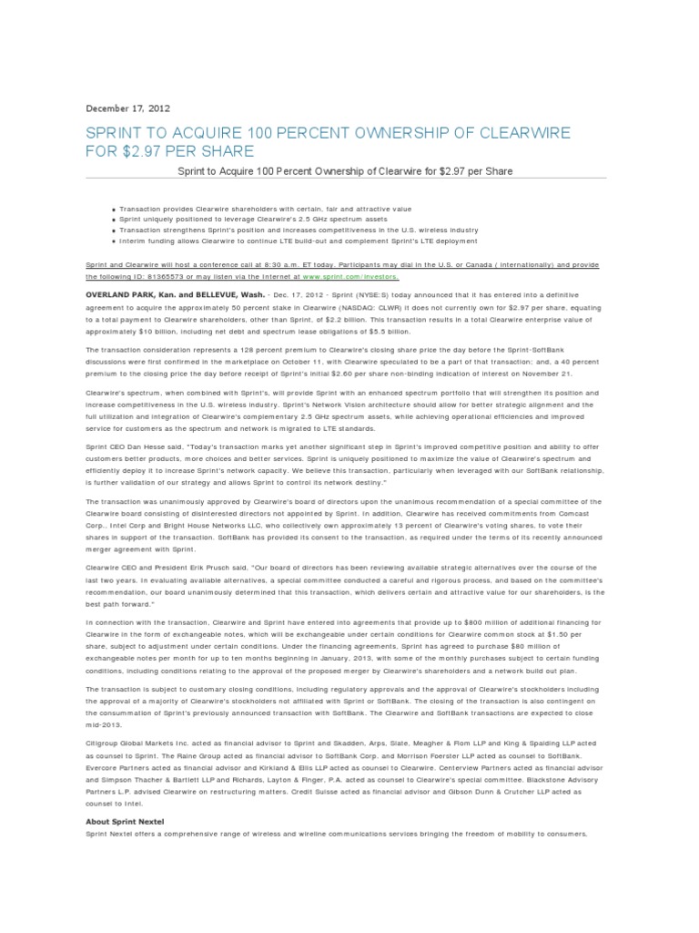 Sprint To Acquire 100 Percent Ownership of Clearwire For $2.97 Per Share | PDF | Sprint ...