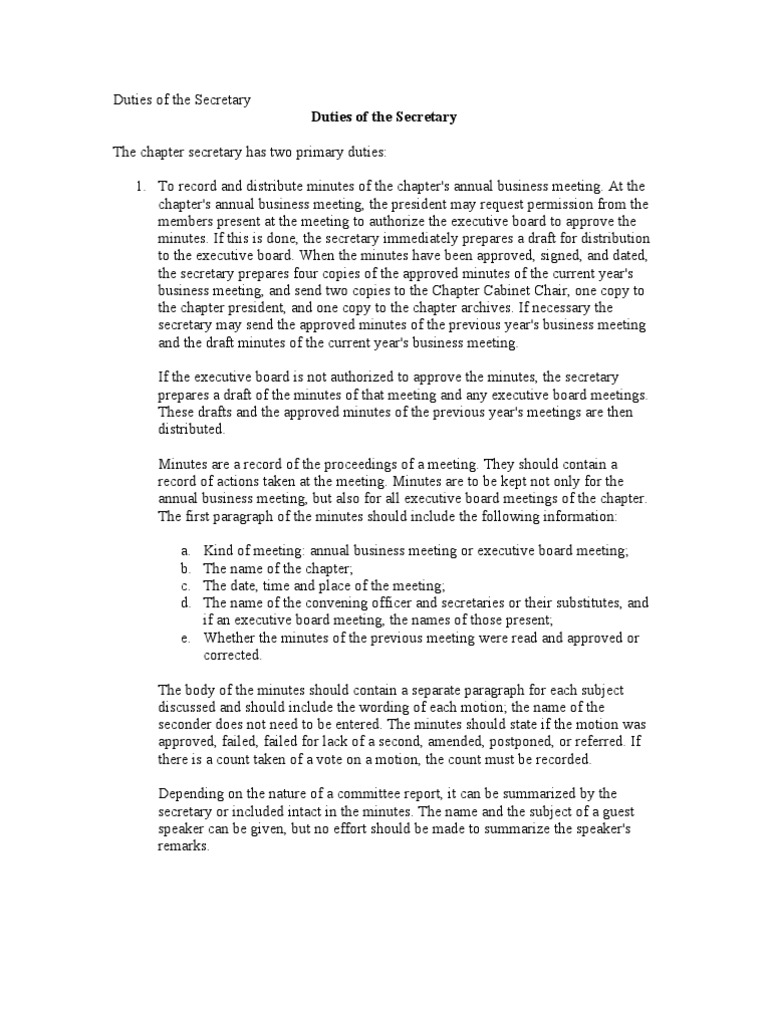 Duties of the Secretary | Secretary | Board Of Directors
