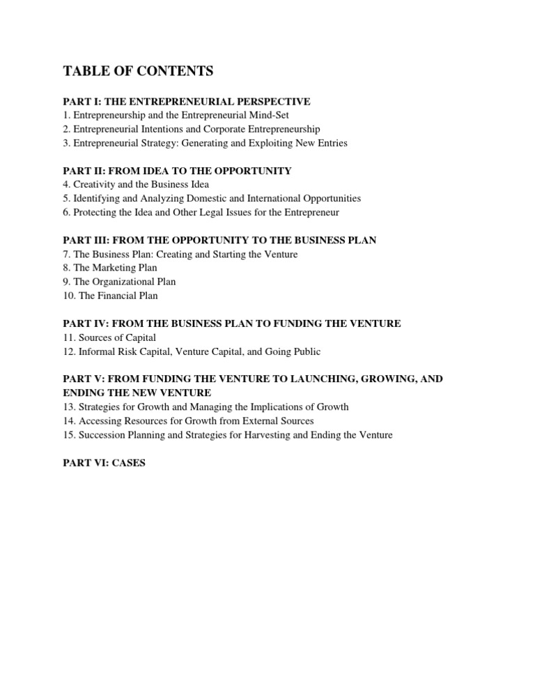 Entrepreneurship - Table of Contents