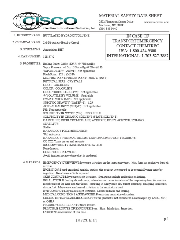 MSDS BHT | PDF | Personal Protective Equipment | Solvent