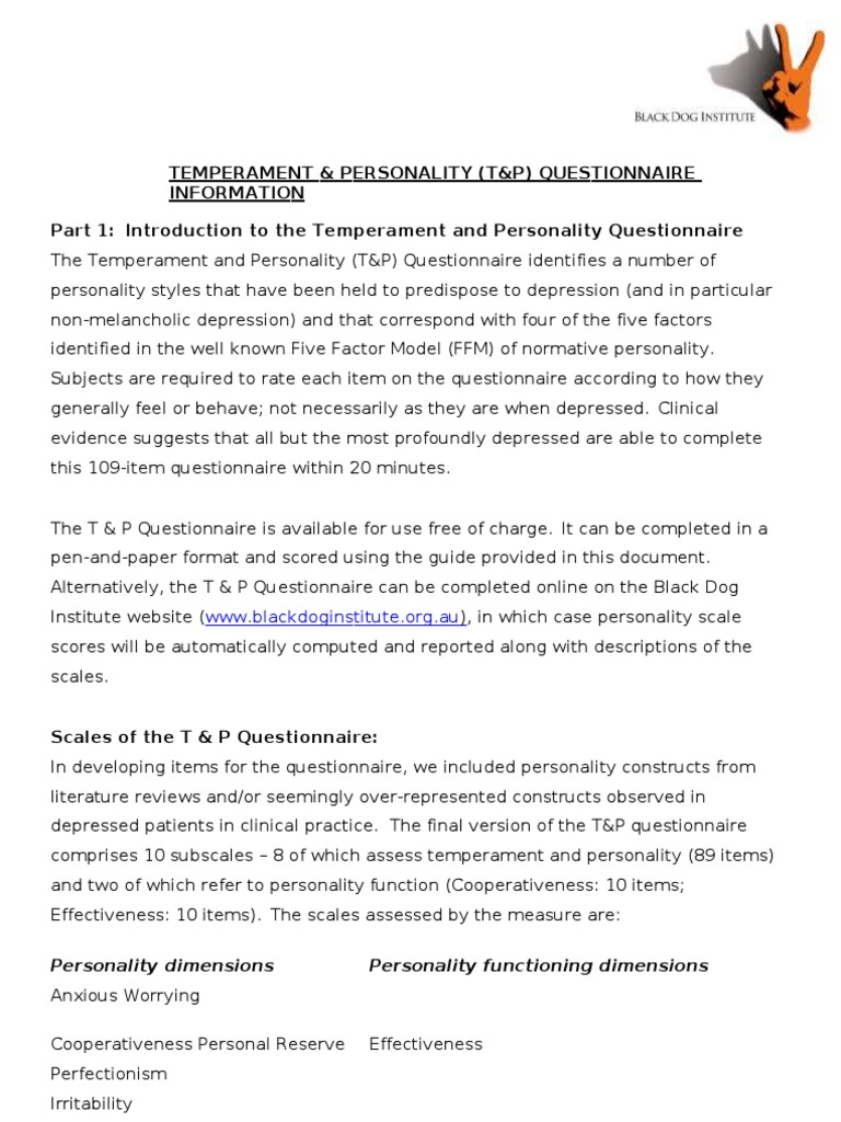 Temperament and Personality Questionnaire | PDF | Major Depressive ...